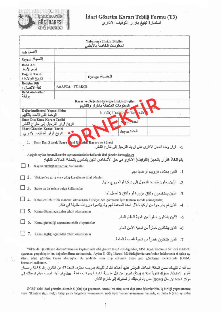 İdari Gözetim Kararı Tebliğ Formu (T3) Örneği - Mülteci-Der